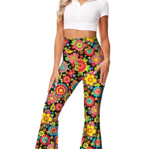 Flare Pants for Women Floral Bell Bottom 70s Hippie Pants High Waist Groovy Boho Yoga Pants XS