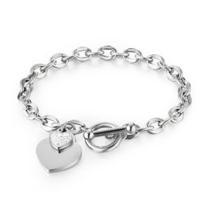 hzman stainless steel zircon love heart bracelet for women romantic gift toggle clasp link bracelets (silver)