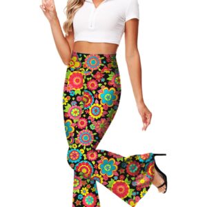 Flare Pants for Women Floral Bell Bottom 70s Hippie Pants High Waist Groovy Boho Yoga Pants XS