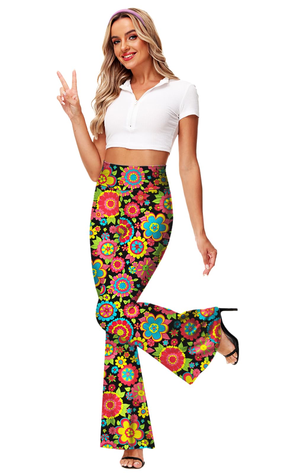 Flare Pants for Women Floral Bell Bottom 70s Hippie Pants High Waist Groovy Boho Yoga Pants XS