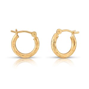 14k yellow gold 2mm tube polished round hoop earrings, 11mm, classic and shiny (diamond-cut hoops)