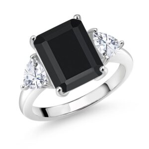 gem stone king 925 sterling silver black onyx and white moissanite 3 stone ring for women (6.71 cttw, octagon 12x10mm, trillion 5x5mm, gemstone december birthstone, size 7)