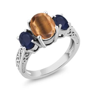 gem stone king 925 sterling silver oval brown tiger eye and blue sapphire ring for women (2.61 cttw, gemstone birthstone, available in size 5, 6, 7, 8, 9)