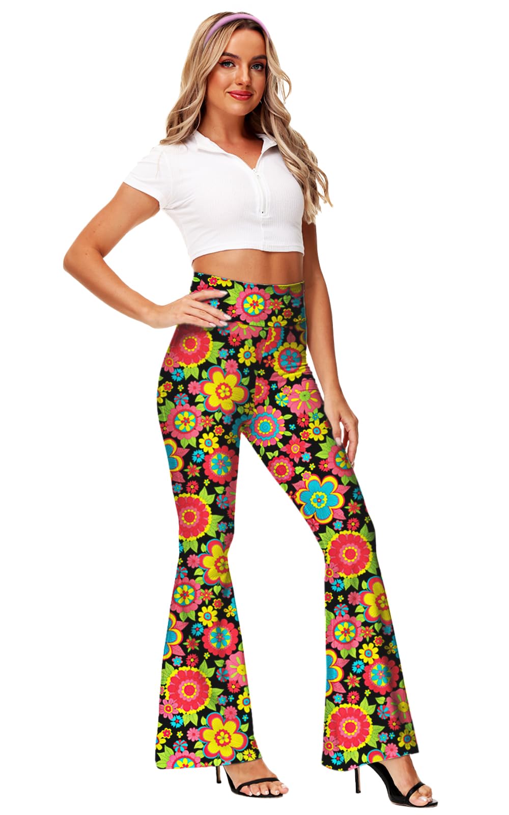 Flare Pants for Women Floral Bell Bottom 70s Hippie Pants High Waist Groovy Boho Yoga Pants XS