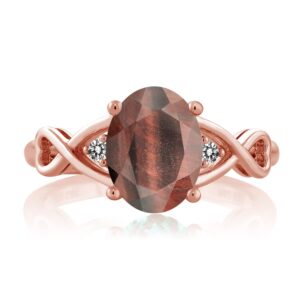 Gem Stone King 1.56 Ct Oval Red Tiger Eye White Diamond 18K Rose Gold Plated Silver Ring (Size 9)