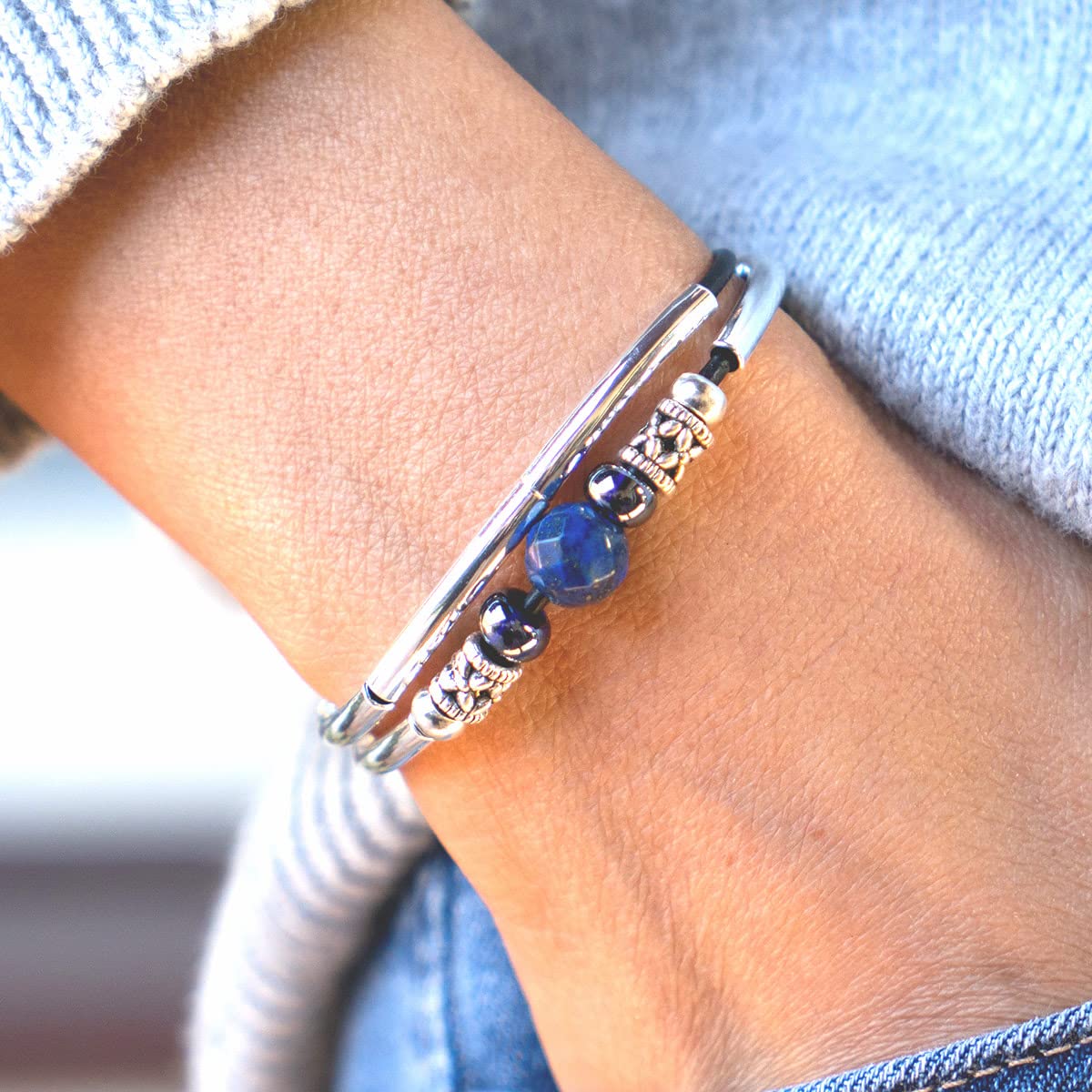 Lizzy James Lapis Lazuli Bracelet - Adjustable Double Strand Black Leather with Silver Beads and Blue Stone - Handmade Chakra Bracelets for Women