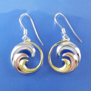 Beautiful Hawaiian Tri-color 3-tone Ocean Wave Earring, Sterling Silver Wave Dangle Earring, E8557