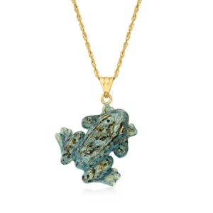 ross-simons italian green enamel frog pendant necklace in 18kt gold over sterling