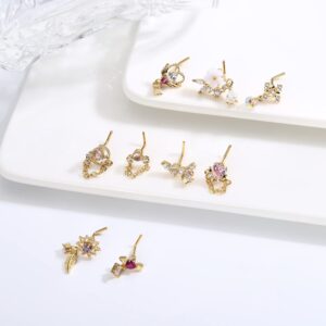 JOERICA 9 Pcs 20G Dangle Nose Rings Studs for Women Stainless Steel L Shaped Nose Studs Heart Arrow Feather Snowflake Wing CZ Dangling Nose Piercing Jewelry