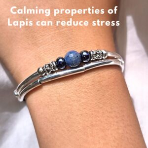 Lizzy James Lapis Lazuli Bracelet - Adjustable Double Strand Black Leather with Silver Beads and Blue Stone - Handmade Chakra Bracelets for Women