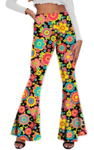 flare pants for women floral bell bottom 70s hippie pants high waist groovy boho yoga pants xs