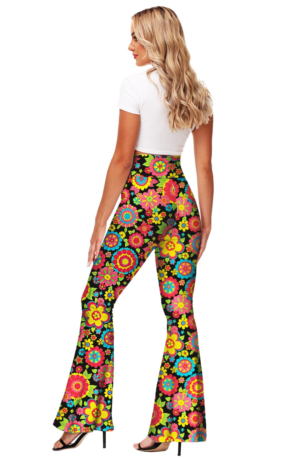 Flare Pants for Women Floral Bell Bottom 70s Hippie Pants High Waist Groovy Boho Yoga Pants XS