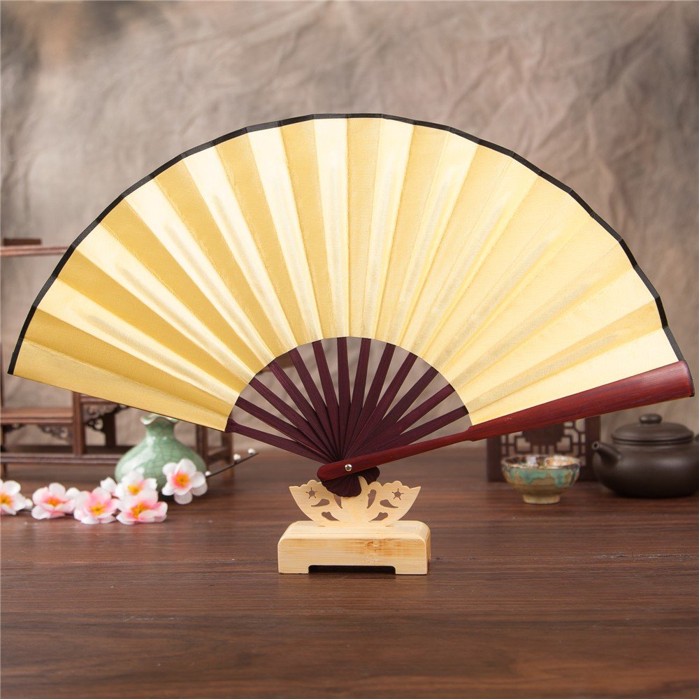 Fan Held Hand Chinese Wedding Party Lace Folding Fan Unisex Dancing Silk Floral Accessory Swimsuit Bra Yellow