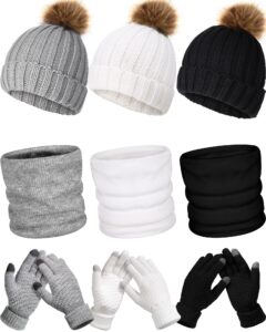 9 pcs winter knitted hat scarf gloves set warm beanie hat with faux fur pom fleece lining neck warmer touchscreen gloves for women, men