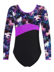 hulija girls' gymnastics ballet bodysuit 1piece long sleeves stars print leotard x cross back skirted dress pegasus star 6 years