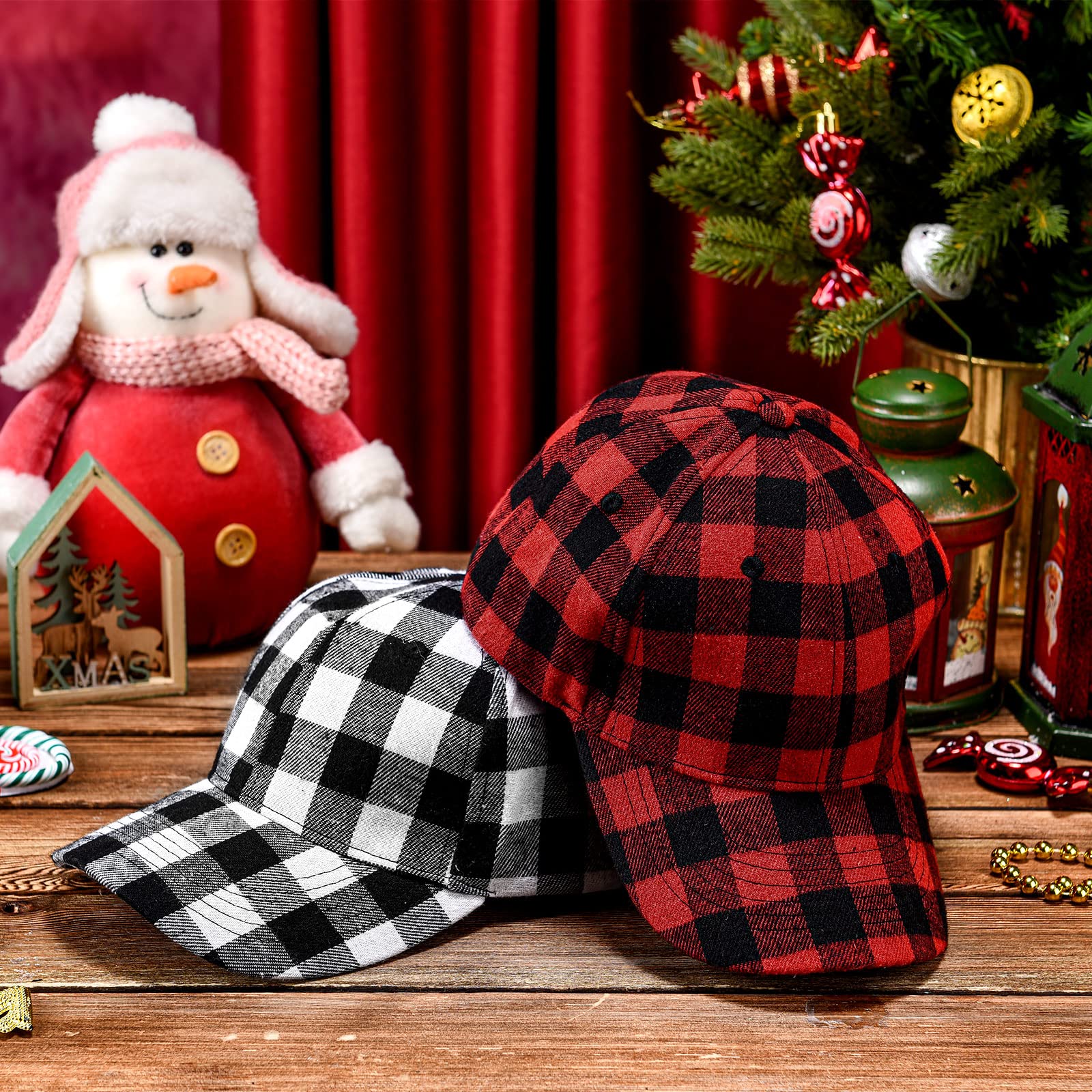 2 Pcs Plaid Baseball Caps Buffalo Plaid Baseball Cap Plaid Print Snapback Hat Christmas Halloween Baseball Cap Unisex Adjustable Plaid Outdoor Hat for Women Men Teens Red, Black