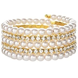 Long tiantian Pearl Bracelets for Women Pearl Jewelry Crystal Rhinestone Bangle Bracelets for Women Beaded Stretch Strand Stackable Bracelets Wedding Jewelry for Brides