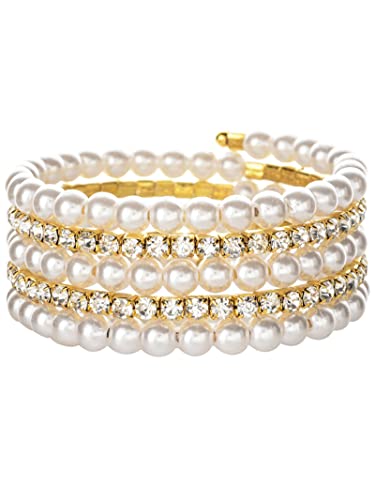 Long tiantian Pearl Bracelets for Women Pearl Jewelry Crystal Rhinestone Bangle Bracelets for Women Beaded Stretch Strand Stackable Bracelets Wedding Jewelry for Brides