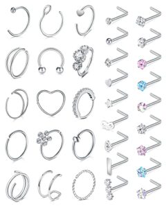 incaton 33pc 20g stainless steel nose rings hoops l shaped studs screw nose piercings jewelry for women men silver rose gold black rainbow