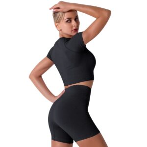 Black Workout Sets for Women: Two 2 Piece Yoga Outfit Tracksuits High Waisted Running Biker Shorts with Strap Sport Shirt Crop Top Exercise Running Clothes Athletic Gym Sets Matching Active Wear Small