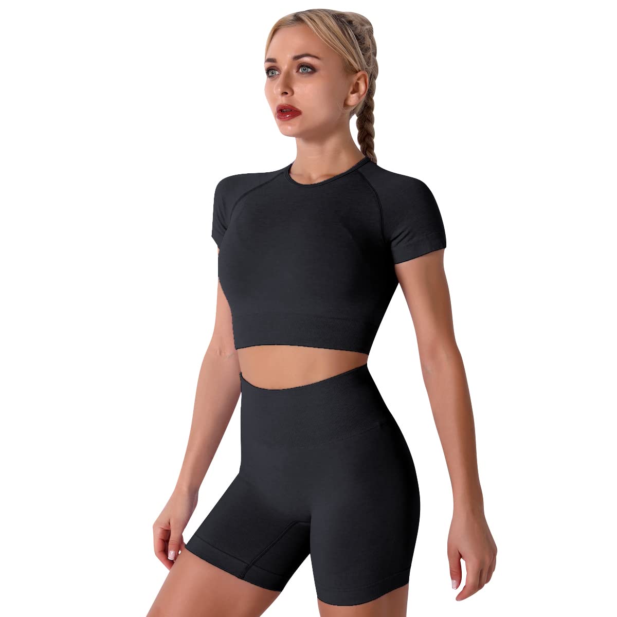 Black Workout Sets for Women: Two 2 Piece Yoga Outfit Tracksuits High Waisted Running Biker Shorts with Strap Sport Shirt Crop Top Exercise Running Clothes Athletic Gym Sets Matching Active Wear Small