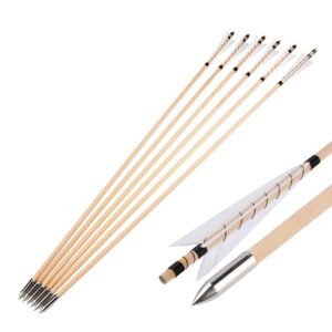 SHARROW 32 Inch Archery Traditional Wooden Arrow Hunting Arrow Pracrice Target Wooden Arrow Shaft with 5" Turkey Feather Fletching and Field Point for Longbow Traditaonal Bow (12 pcs)