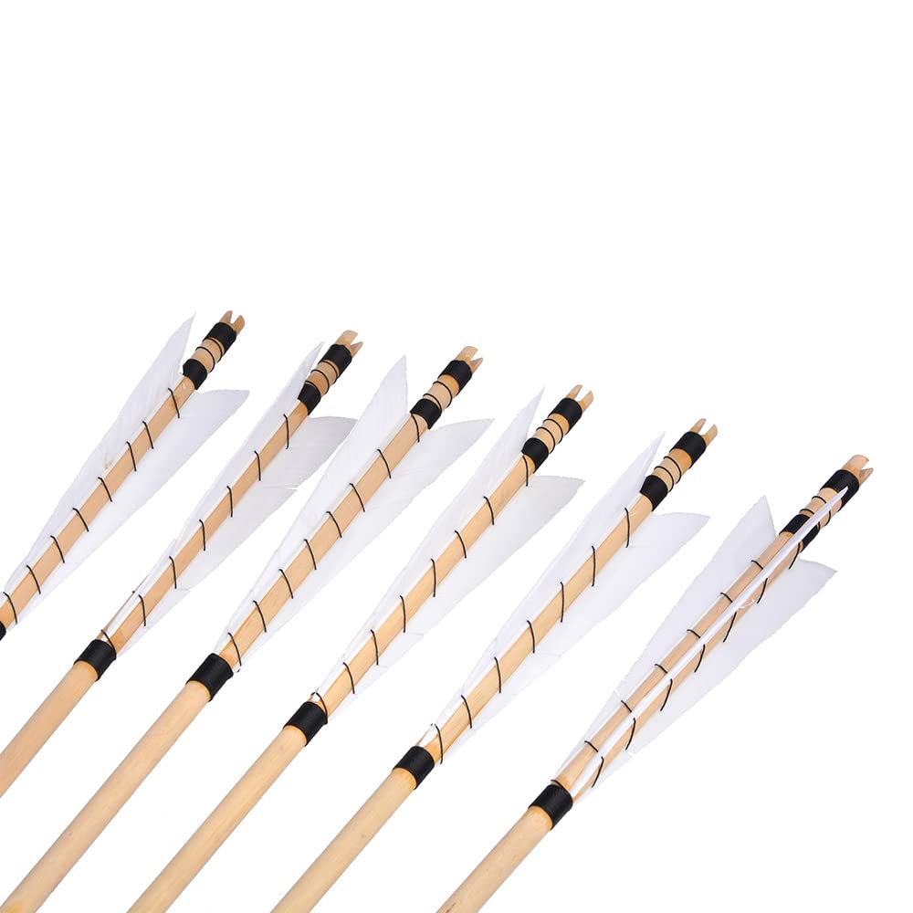 SHARROW 32 Inch Archery Traditional Wooden Arrow Hunting Arrow Pracrice Target Wooden Arrow Shaft with 5" Turkey Feather Fletching and Field Point for Longbow Traditaonal Bow (12 pcs)