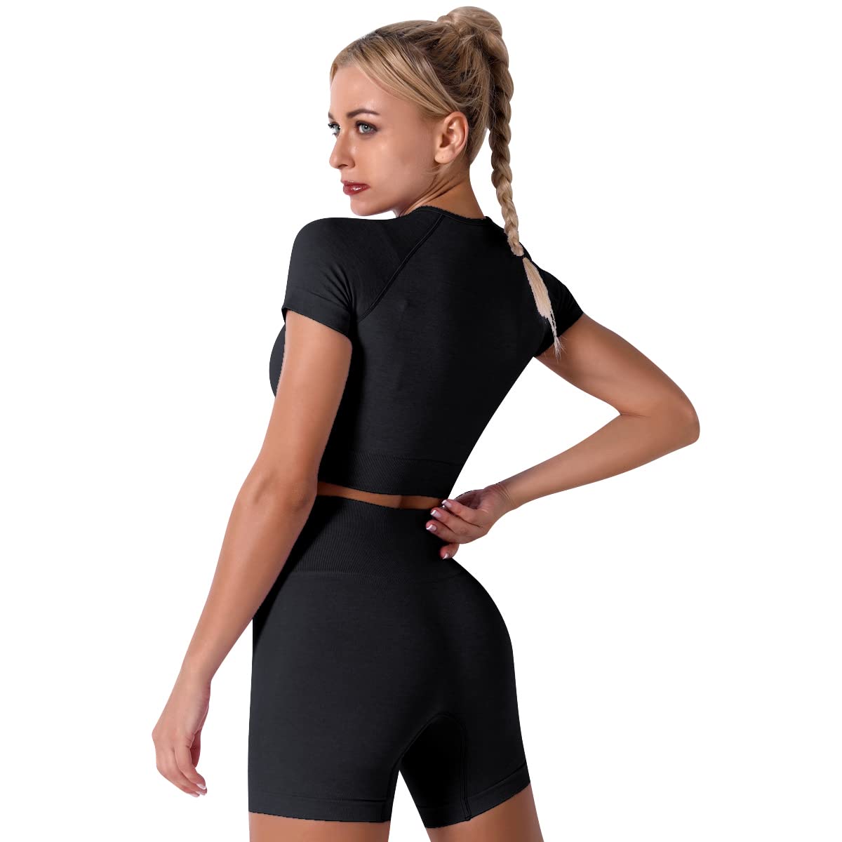 Black Workout Sets for Women: Two 2 Piece Yoga Outfit Tracksuits High Waisted Running Biker Shorts with Strap Sport Shirt Crop Top Exercise Running Clothes Athletic Gym Sets Matching Active Wear Small