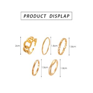 Iaceble Boho Cuban Chain Open Rings Twisted Knuckle Mid Rings Gold Plain Band Rings Vintage Stackable Finger Rings Set Jewelry for Women and Girls 5 Pcs (Gold)