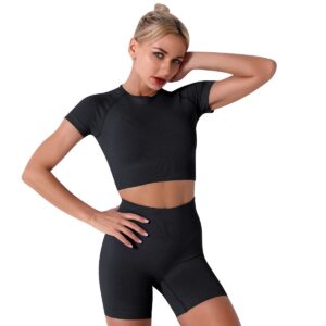 black workout sets for women: 2 piece yoga outfit tracksuits high waisted running biker shorts with strap sport shirt crop top exercise running clothes athletic gym sets matching active wear medium