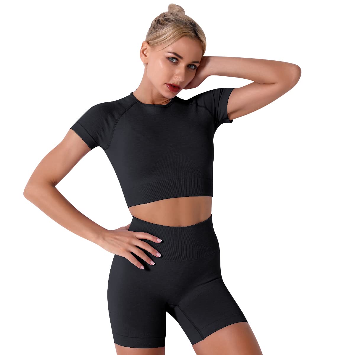 Black Workout Sets for Women: Two 2 Piece Yoga Outfit Tracksuits High Waisted Running Biker Shorts with Strap Sport Shirt Crop Top Exercise Running Clothes Athletic Gym Sets Matching Active Wear Small