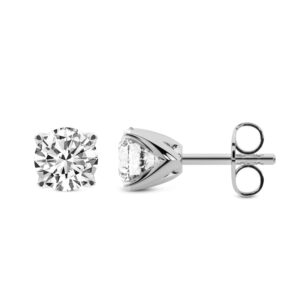 diamond stud earring | 2 carat igi certified round shape lab grown diamond | 18k in white gold |flora four prong lab diamond stud earrings| prong setting | fg-vs1-vs2 quality | friendly diamonds