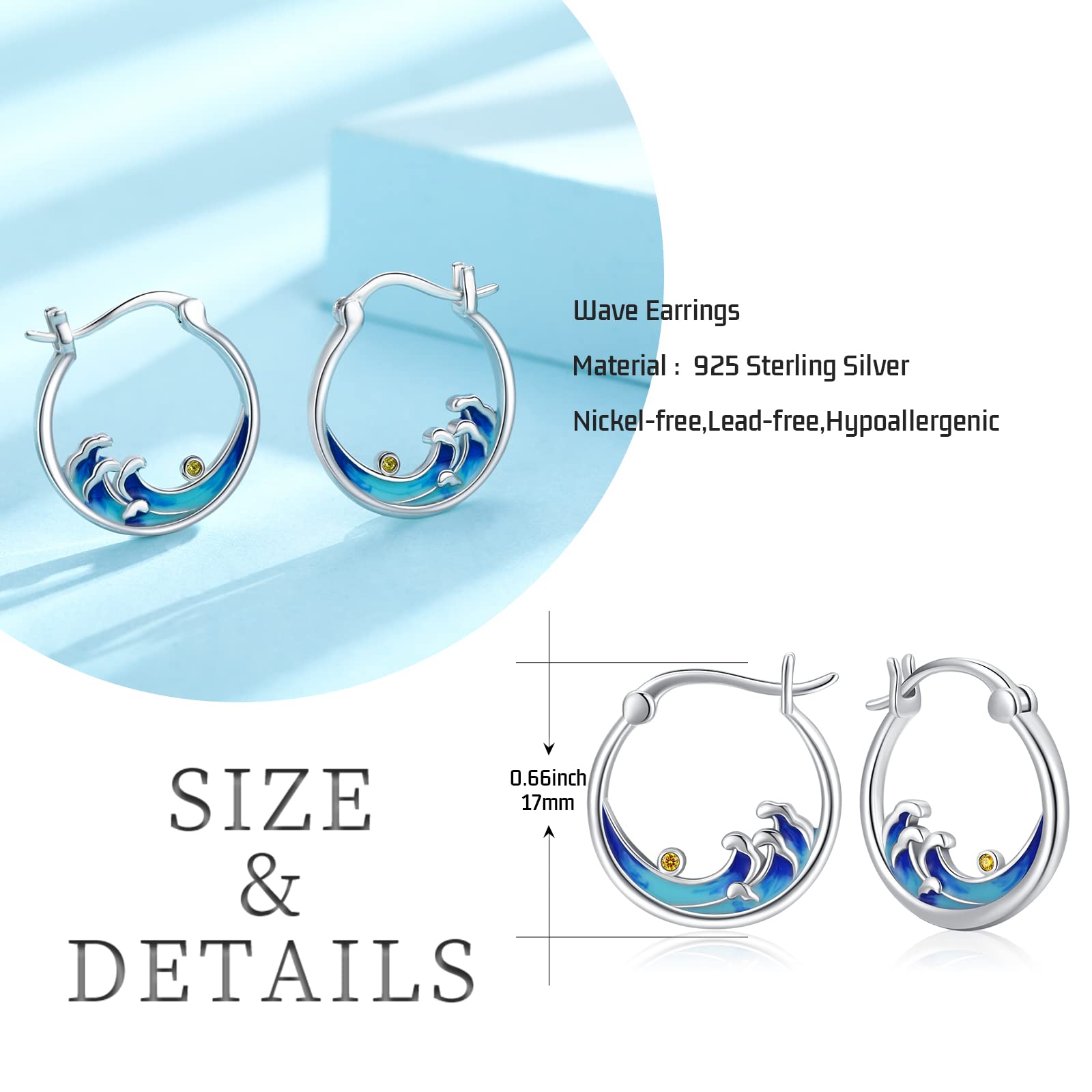 Ocean Wave Earrings 925 Sterling Silver Beach Hoop Earrings Beach Jewelry Gifts for Women Girlfriends