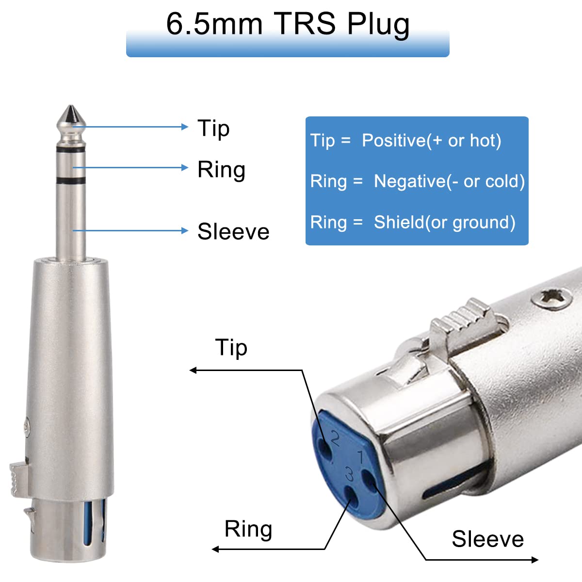 DKARDU XLR to 6.35mm 1/4 TRS Adapter, 2 pcs 3 Pin XLR Female Jack to 6.35mm Male Stereo Balanced Audio Connector, 2 pcs XLR Male to 6.35mm Male Plug Adapter