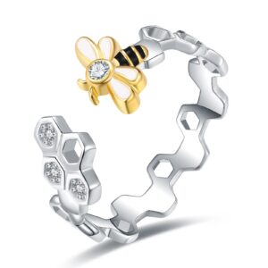 honeycomb bee rings jewelry for women - thicken 925 sterling silver open adjustable queen bee ring with cubic zirconia,gold bumble bee beehive ring mother's day gifts for bee lovers