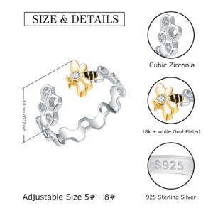 Honeycomb Bee Rings Jewelry for Women - Thicken 925 Sterling Silver Open Adjustable Queen Bee Ring With Cubic Zirconia,Gold Bumble Bee Beehive Ring Mother's Day Gifts for Bee Lovers