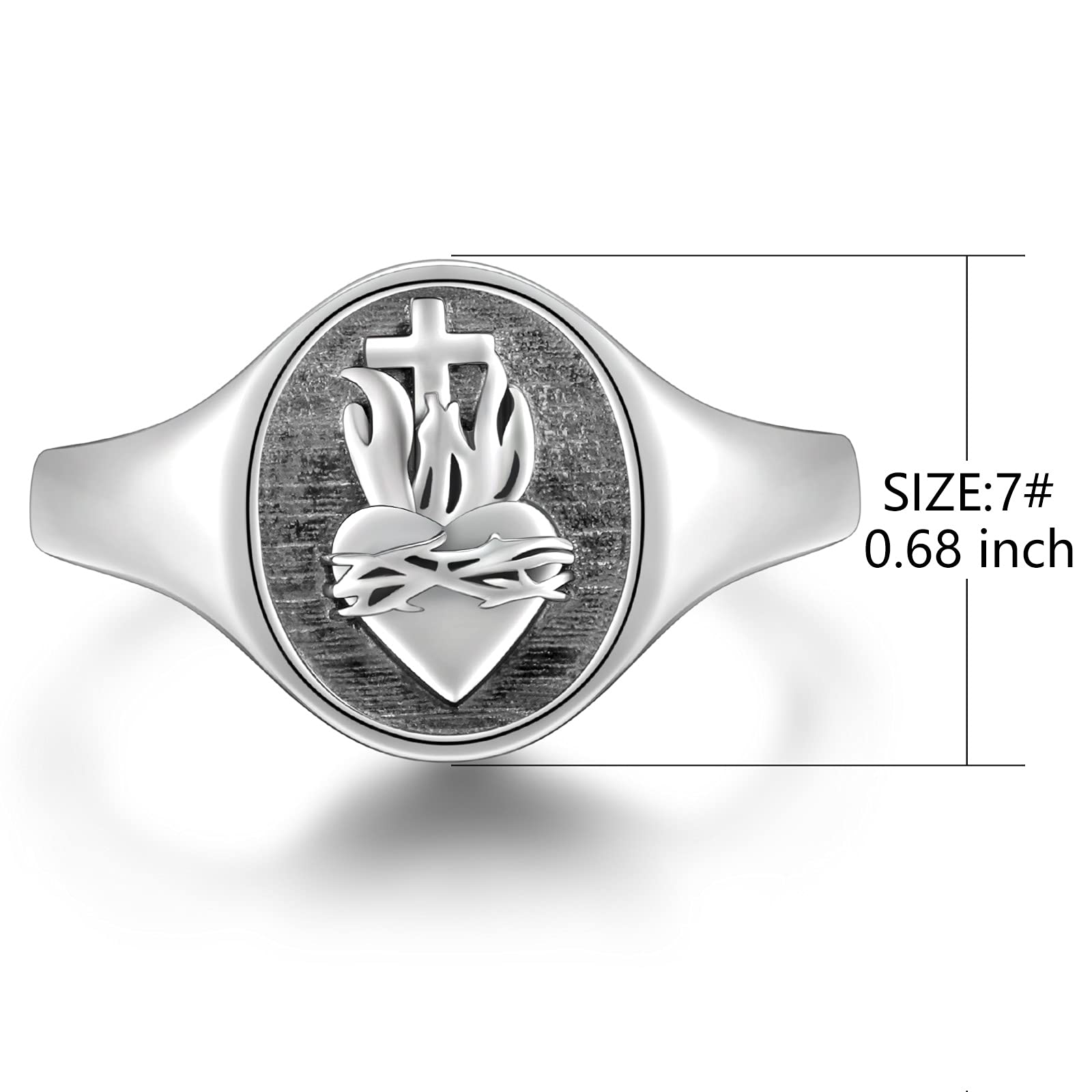 FLYOW S925 Sterling Silver Flaming Sacred Heart Rings Catholic Faith Charm Women Signet Ring Adjustable Love of God Thorn Jewelry Easter Gifts (8)