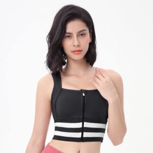 Sports Bra for Women Zipper Front Lightly Lined Seamless Yoga Bra Tank Tops Wireless Padded Longline Striped Bras Black