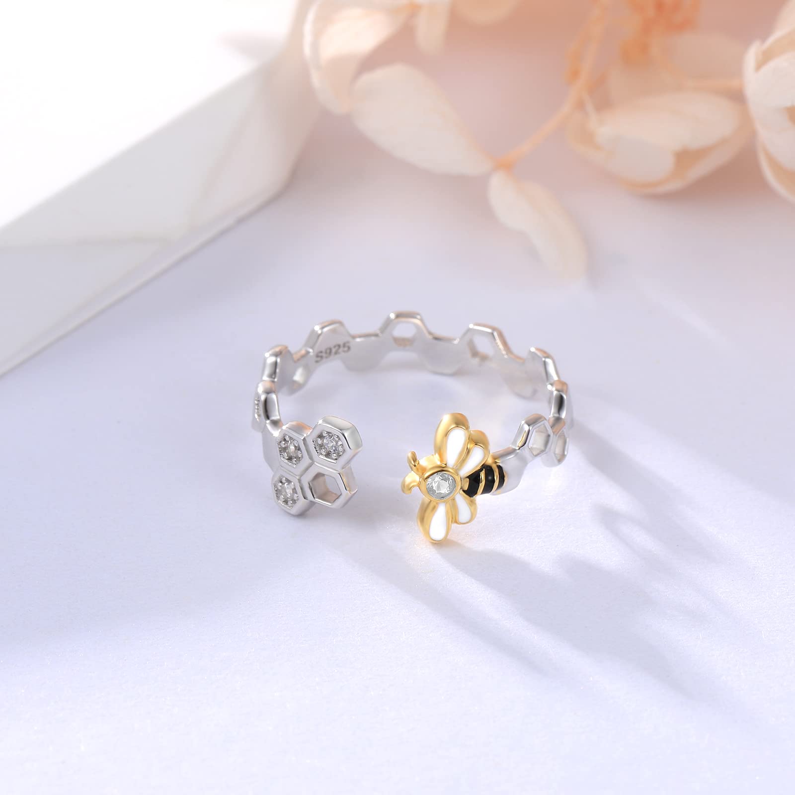 Honeycomb Bee Rings Jewelry for Women - Thicken 925 Sterling Silver Open Adjustable Queen Bee Ring With Cubic Zirconia,Gold Bumble Bee Beehive Ring Mother's Day Gifts for Bee Lovers