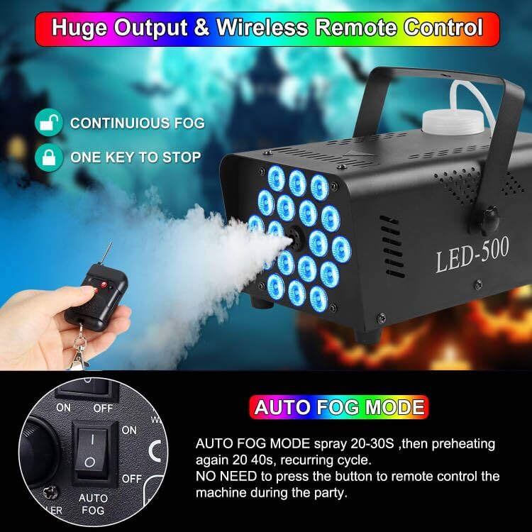 Fog Machine with Lights 18 LED, Smoke Machine Fog, Fog Machine Halloween 2000CFM 500W with 2 Wireless Remote Control And 13 Colorful Lights Effect, Fog Machine Indoor Outdoor for Parties DJ