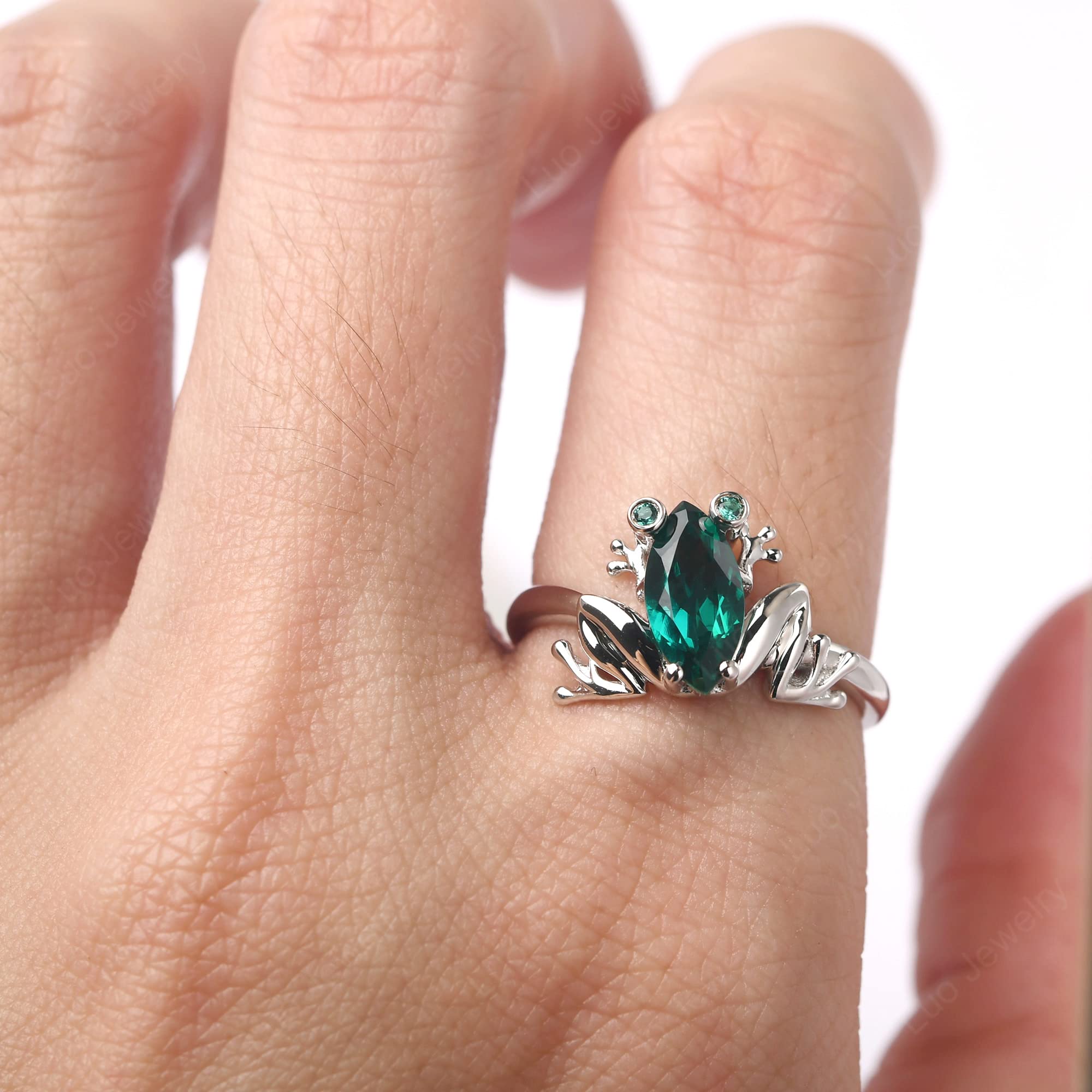 LUO 925 Sterling Silver Frog Ring Marquise Cut Created Emerald Ring Frog Jewelry Lovely Animal Ring Promise Ring for Women US Size 6.5