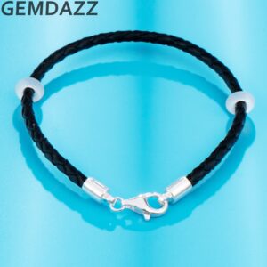 19cm Black Braided Leather Bracelet with 925 Sterling Silver Lobster Clasp-Fit Pandora Charm/Beads/Pendant, Gift for Men/Women/Grandson Christmas Birthday