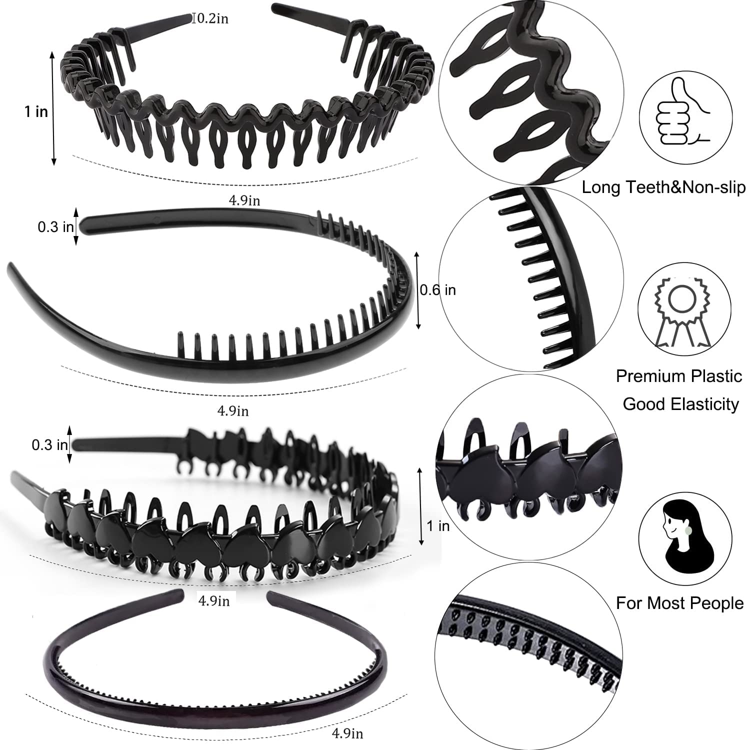 ULTIMUTE 8 PCS Fashion Effortless Plastic Headbands with Teeth Comb Black Skinny Headbands No Slip Hair Bands for Women Men Teen Girls, Bright Black