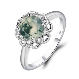 luo 925 sterling silver vintage flower ring round shaped moss agate ring double halo engagement promise ring for women us size 5.5