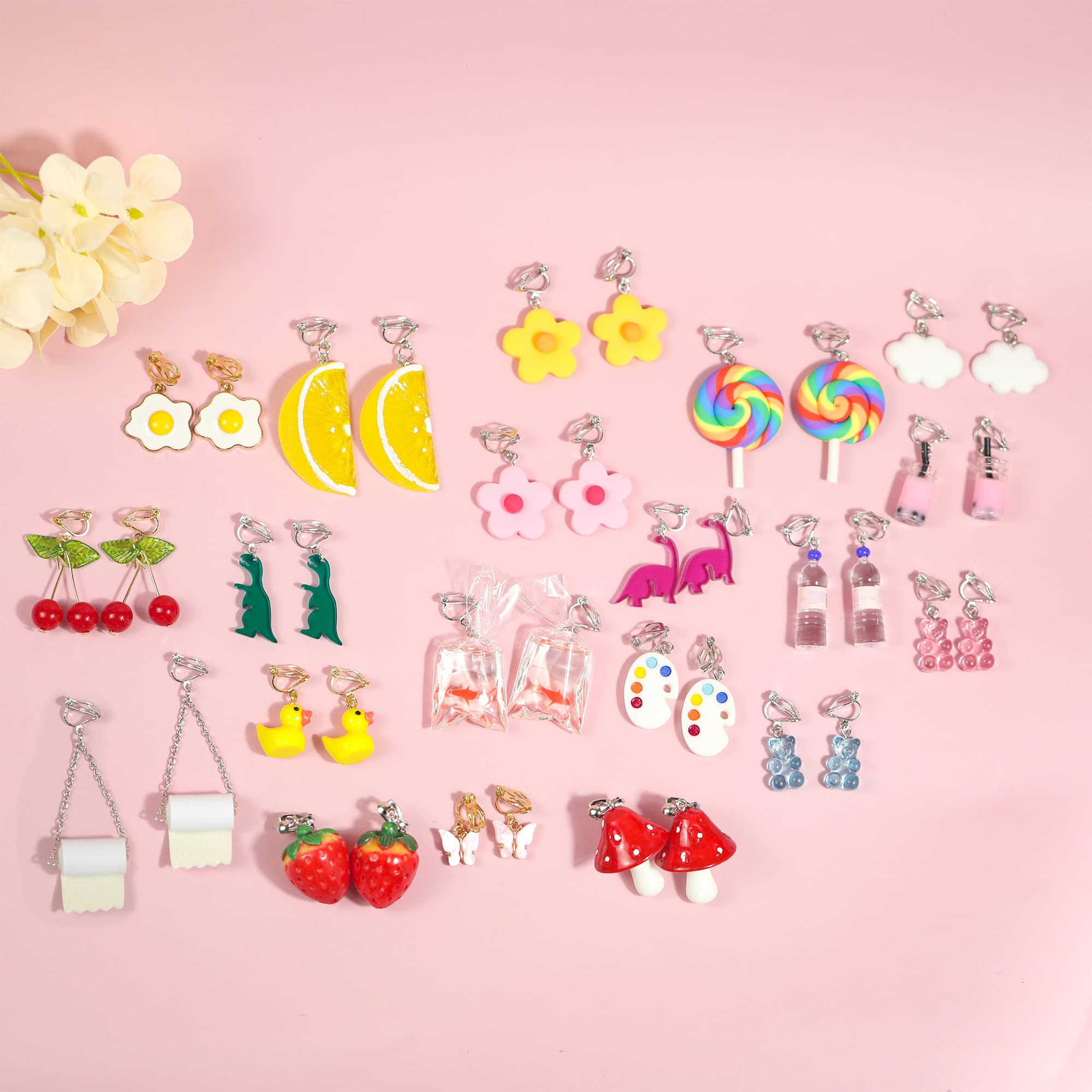 20 Pairs Clip On Earrings Weird Funny Earrings Gummy Bear Duck Water Bottle Fish Dinosaur Mushroom Butterfly Strawberry Dangle Earrings Set for Women Teen Girls, Resin, No Gemstone