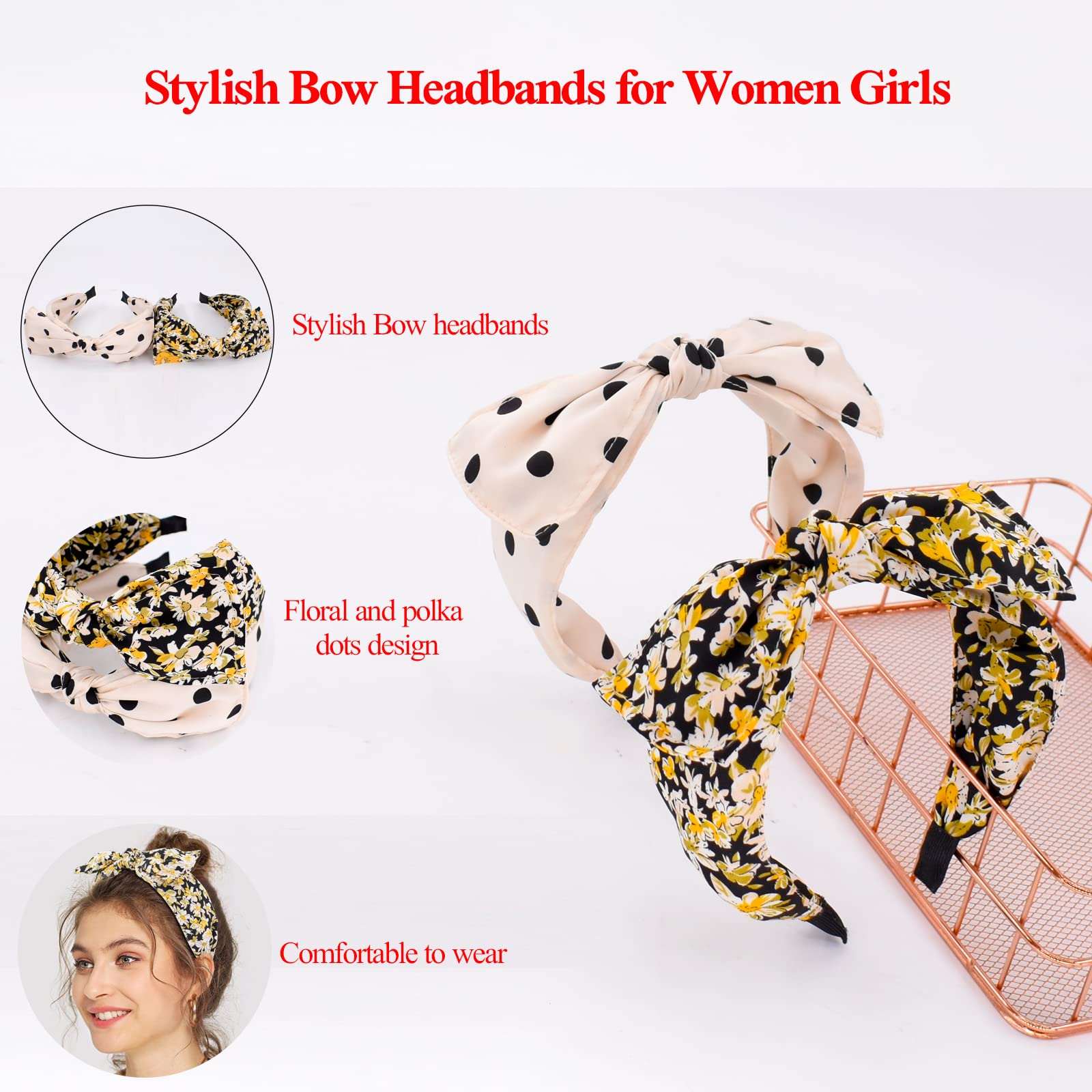 BEGOOD Bow Headbands for Women Floral Knotted Wide Headband with Bow Womens Fashion Head Bands Bowknot Turban Hair Hoops Hair Accessories for Girls 2Pcs