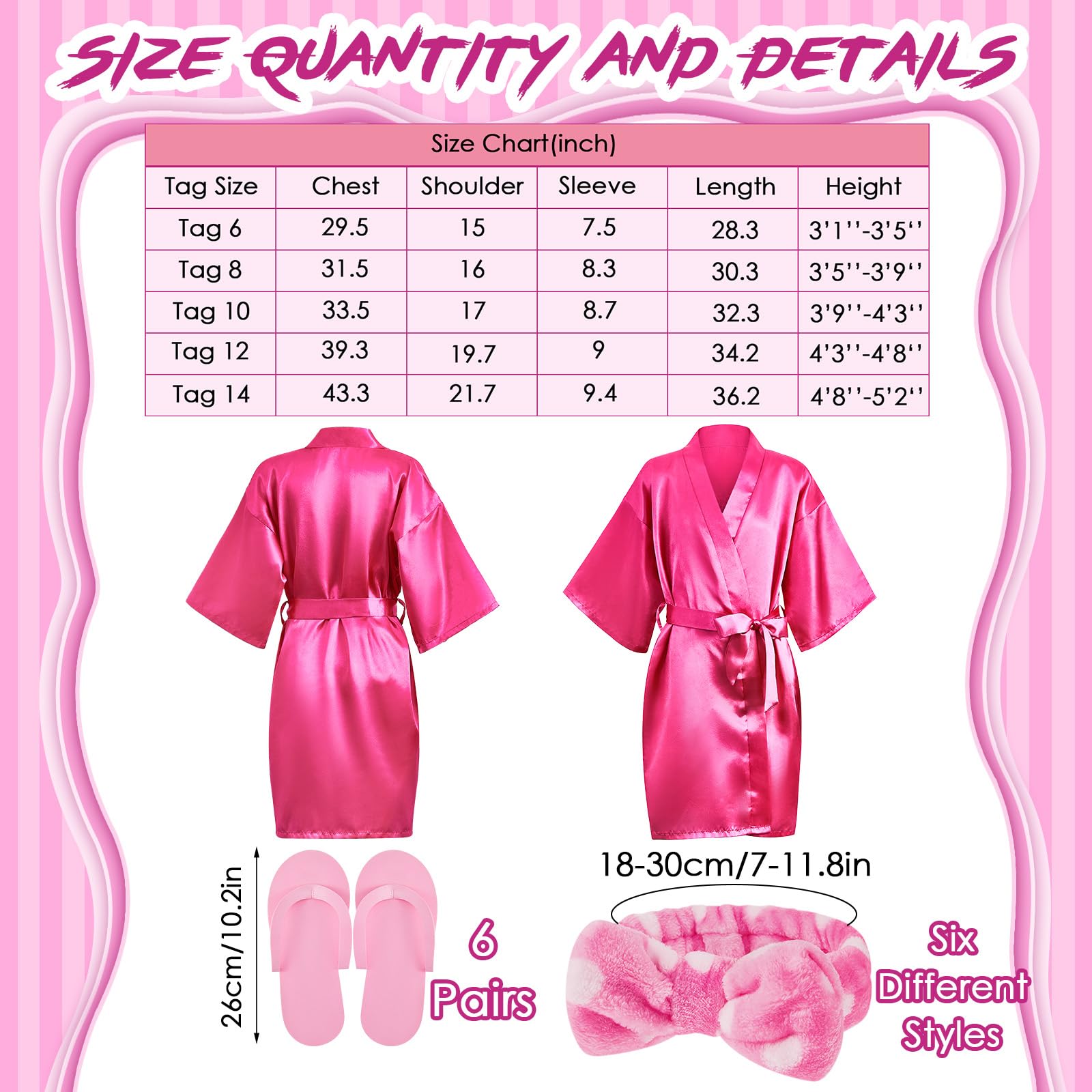 Jecery 18 Pcs Spa Party Supplies for Girls 6 Satin Kimono Robe 6 Spa Headband 6 Disposable Foam Pedicure Slippers (Rose,Size 10)