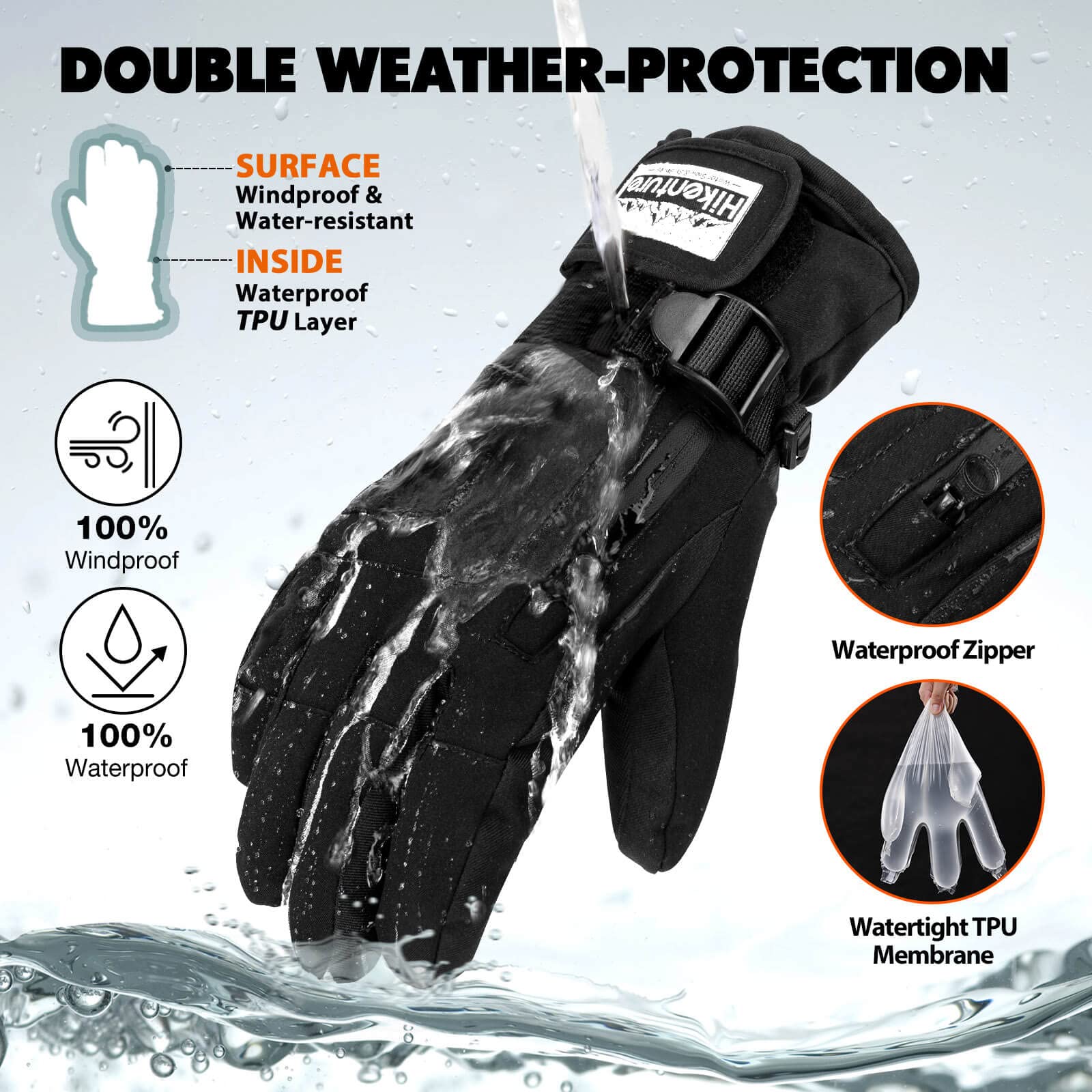 Hikenture Ski Gloves Snow Gloves for Men&Women, 3M Thinsulate Waterproof Snowboard Gloves, Insulated Touchscreen Snowmobile Gloves for Cold Weather, Windproof Warm Skiing Gloves, Black-L