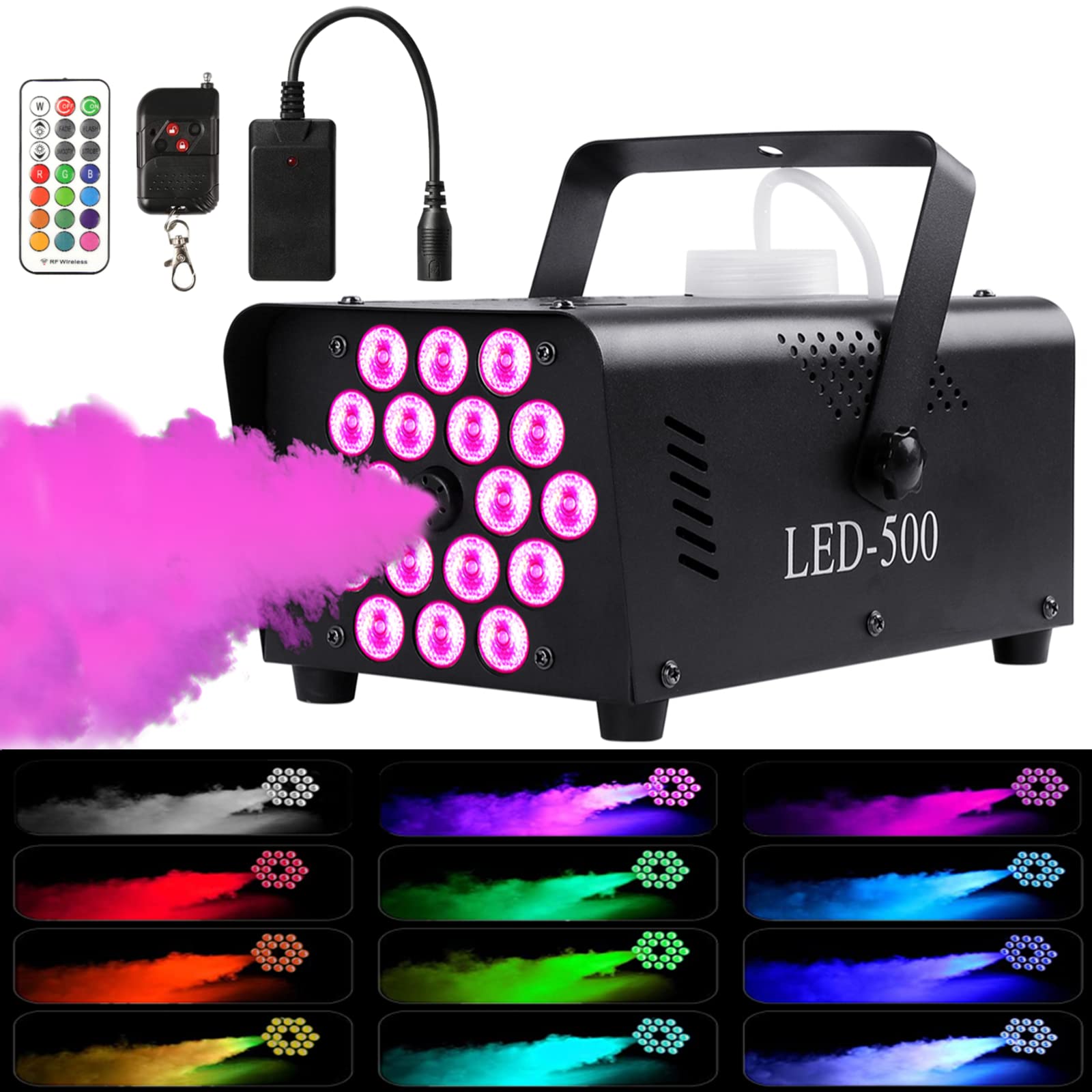 Fog Machine with Lights 18 LED, Smoke Machine Fog, Fog Machine Halloween 2000CFM 500W with 2 Wireless Remote Control And 13 Colorful Lights Effect, Fog Machine Indoor Outdoor for Parties DJ