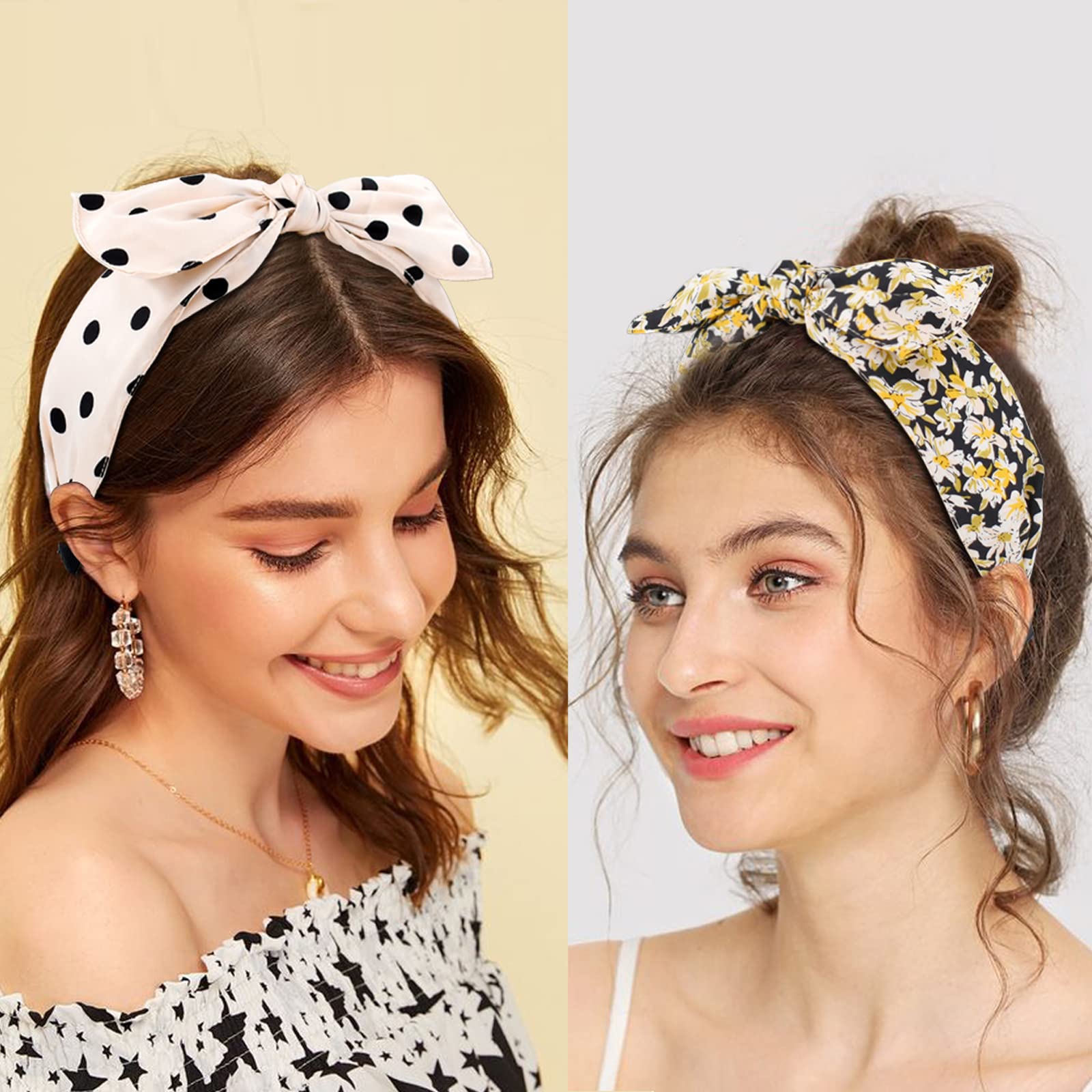 BEGOOD Bow Headbands for Women Floral Knotted Wide Headband with Bow Womens Fashion Head Bands Bowknot Turban Hair Hoops Hair Accessories for Girls 2Pcs